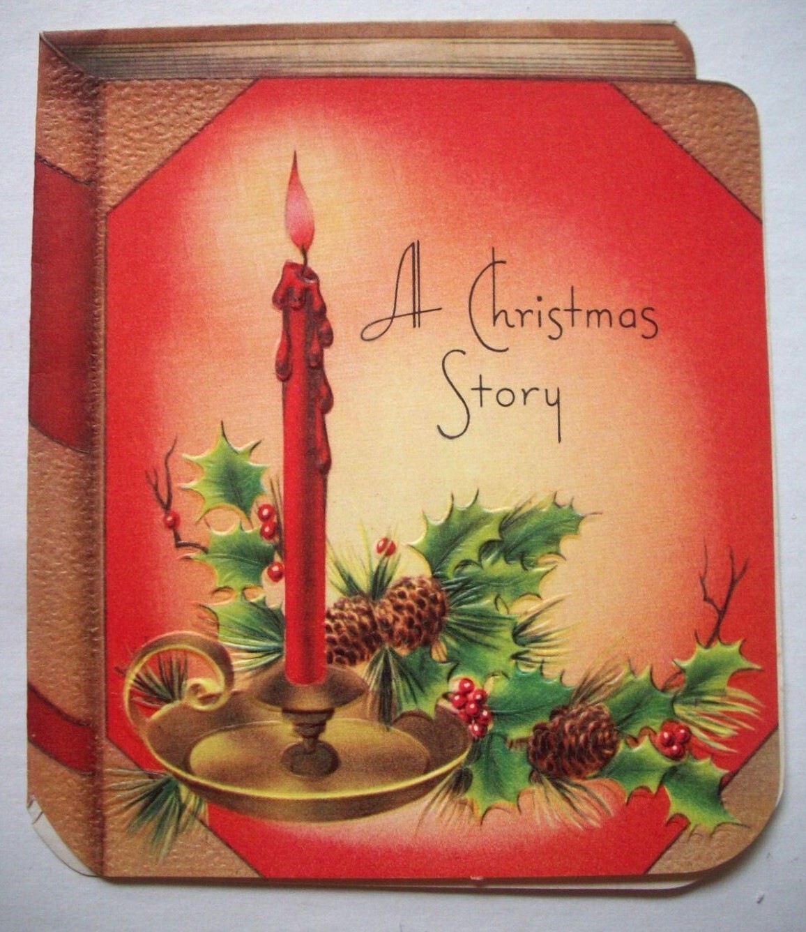 Faux book holly pines red candle vintage Christmas greeting card *P13 ...