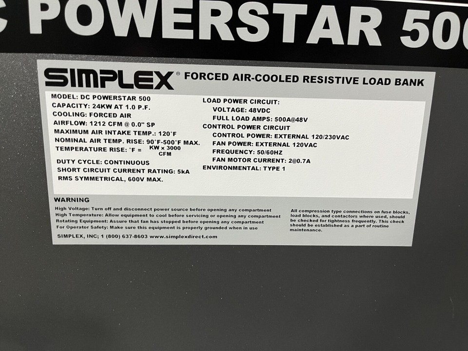 Simplex 500 Amp 48V DC Powerstar500 24kW Forced Air-Cooled Resistive ...