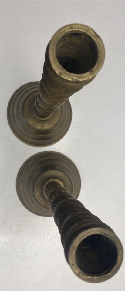 VINTAGE WW2 TRENCH ART CANDLE HOLDERS PAIR US NAVY BRASS CASINGS 11.5 ...