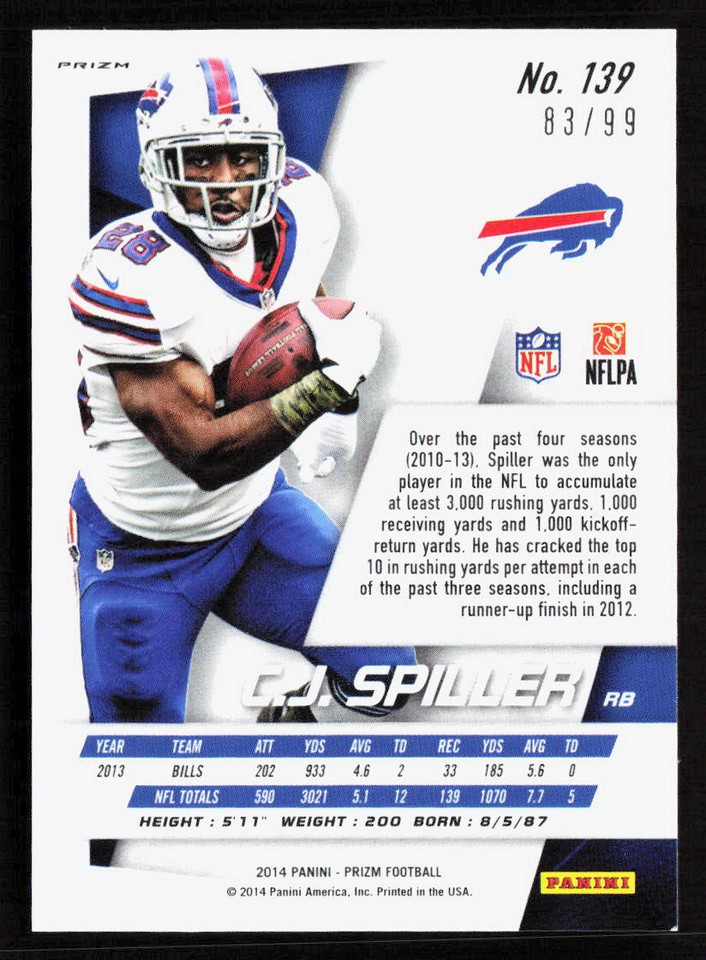 2014 Panini Prizm C.J. Spiller Light Blue Wave /99 #139 Buffalo Bills ...