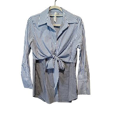 NY Collection Shirt Women's Medium Blue White Striped Knotted Front ...