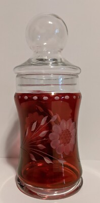 Antique Etched Cranberry Glass Vanity Candy Apothrcary Jar With Lid 9 ...