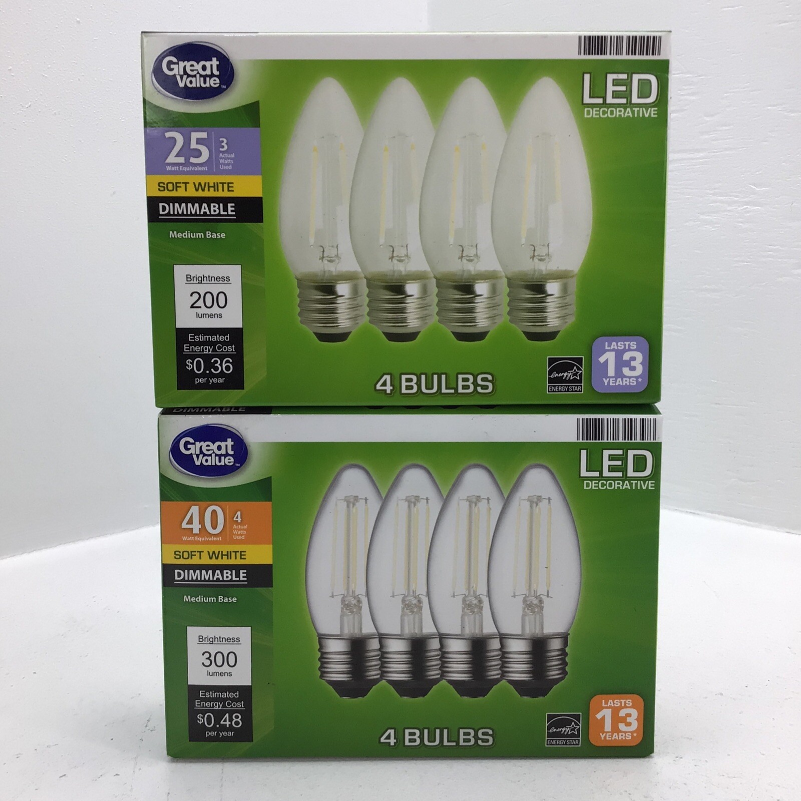 2 Packs Great Value LED Light Bulbs 4W & 3W B10 Deco Lamp E26 Medium ...