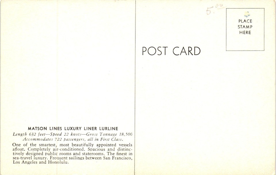 Matson Lines Luxury Liner Lurline Advertising California to Honolulu ...
