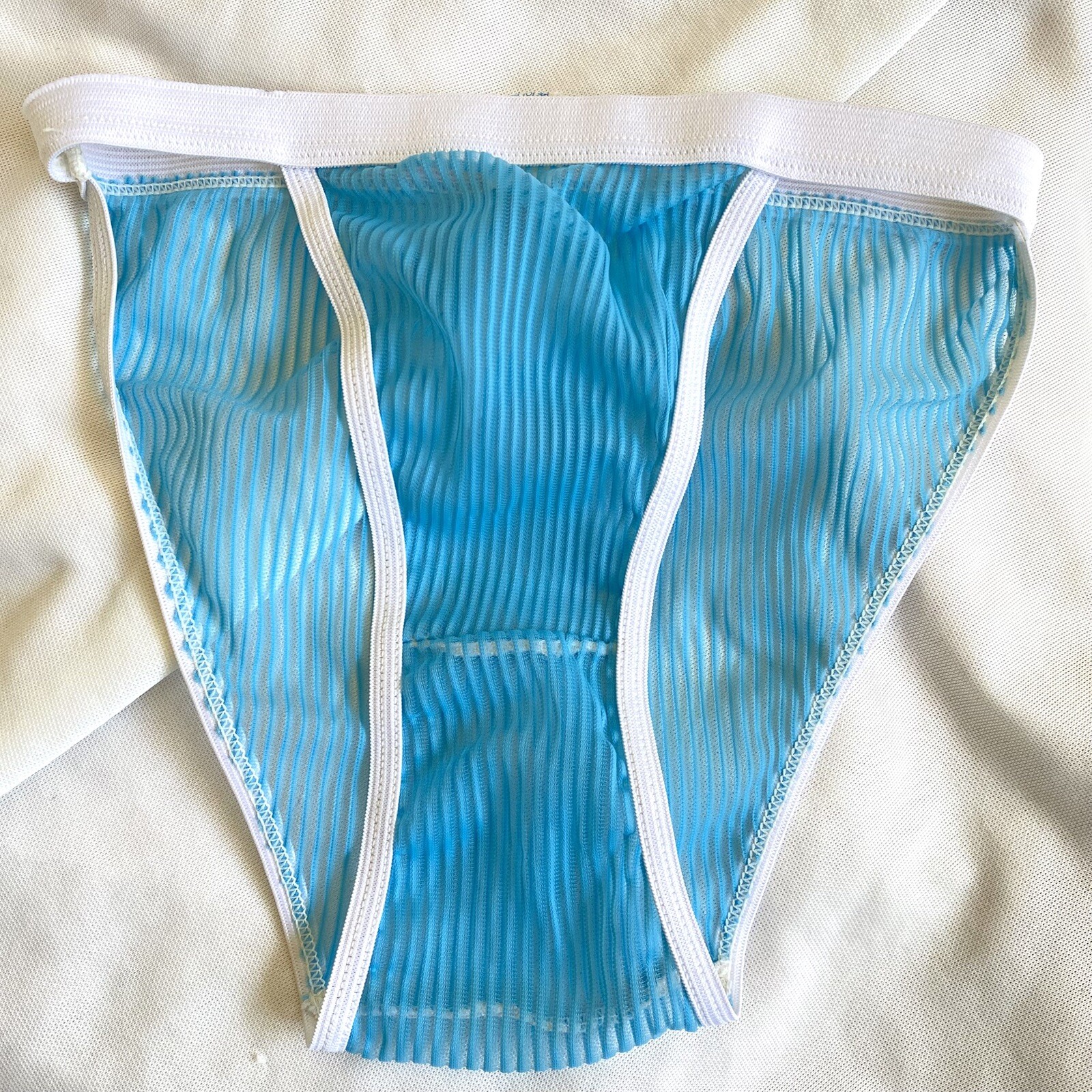 VINTAGE Second Skin Turquoise Sheer Stripe Hi-Cut 80s… - Gem