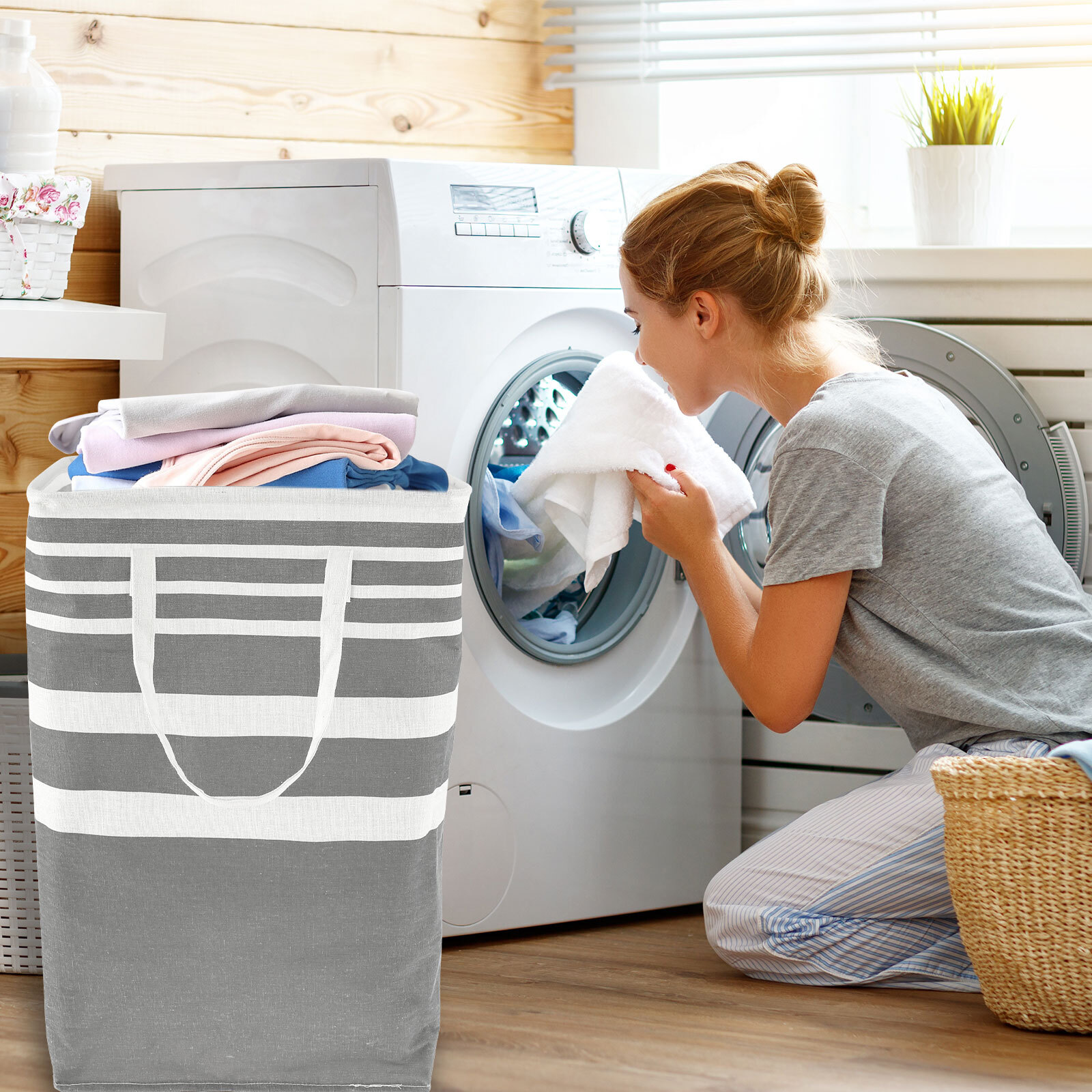 3Pcs Laundry Basket 75L Canvas Hamper Foldable Washing Bag Clothes Bin ...