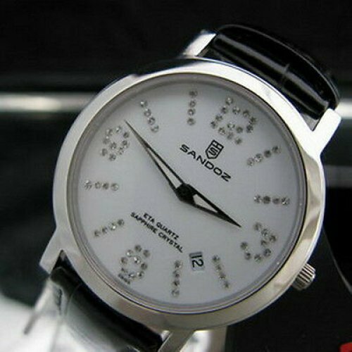 Sandoz Sapphire Crystal Gold Case Leather Strap Quartz Men's Watch 9010 ...