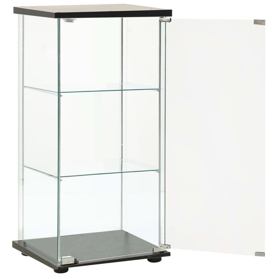 Small Glass Display Cabinet 3 Shelves Door Black MDF Base Top Narrow ...