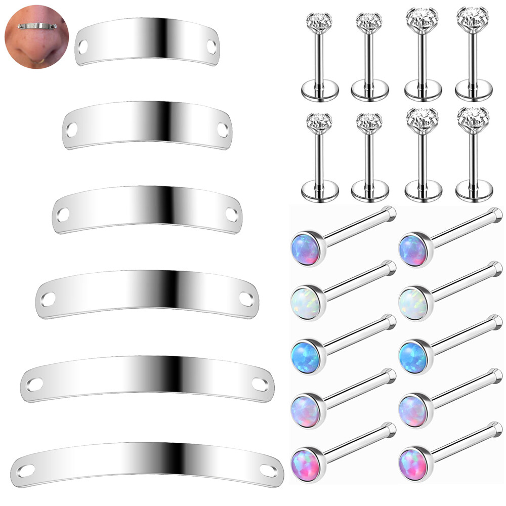 15Pcs/Lot 20G 18G CZ Opal Nose Studs with Stainless Steel Patch Nostil ...