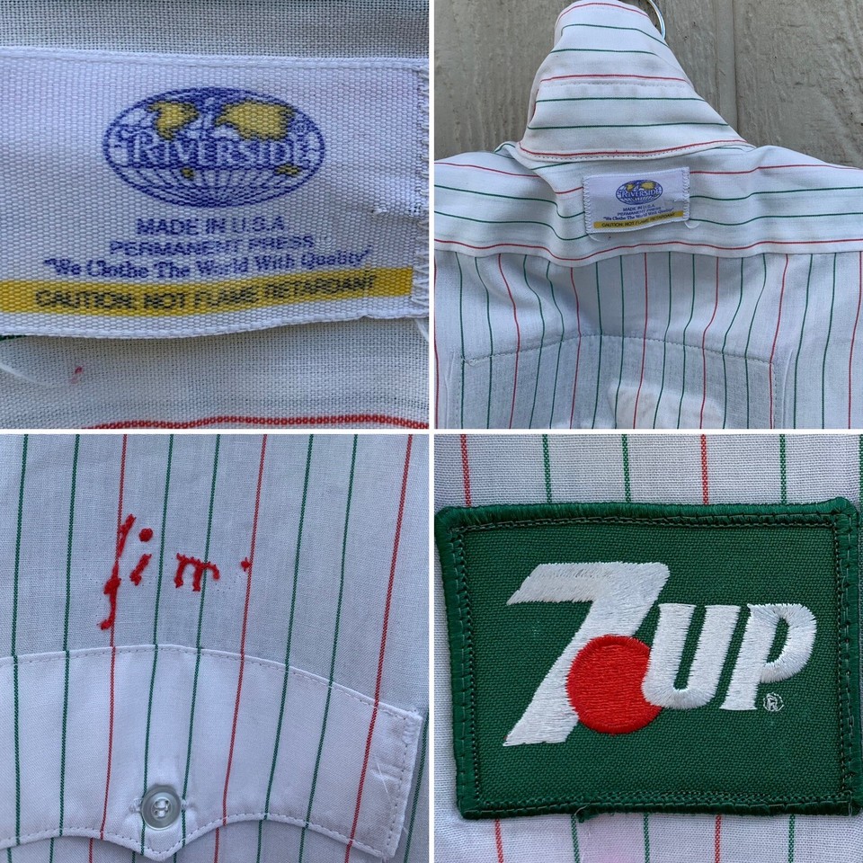 vintage 7up shirt striped work shirt embroidered patches 7 up Size XL ...