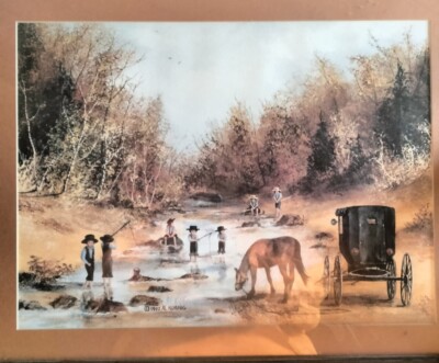 Al Koenig signed Amish print horse buggy children in water 1992 | eBay