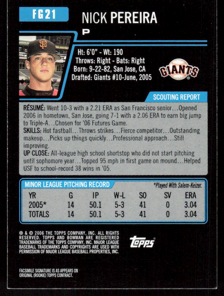 2006 Bowman Draft Picks & Prospects FG21 Nick Pereira San Francisco ...