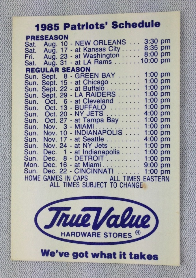 NFL 1985 New England Patriots Football Schedule Card - WEEI 590 & True ...