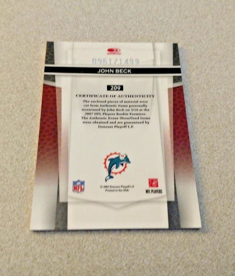 2007 Leaf Certified Materials Freshman Fabric #209 John Beck Dolphins ...