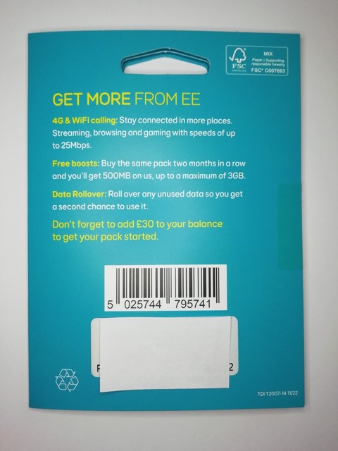 EE 4G Data Pack Combi Sim PAYG 125GB Data Unlimited UK Mins Text ZERO ...