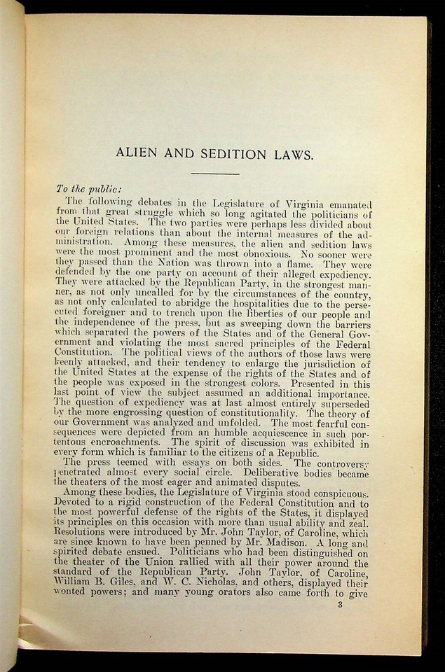 Alien & Sedition Laws House Of Delegates Virginia Senate Document 1912 ...