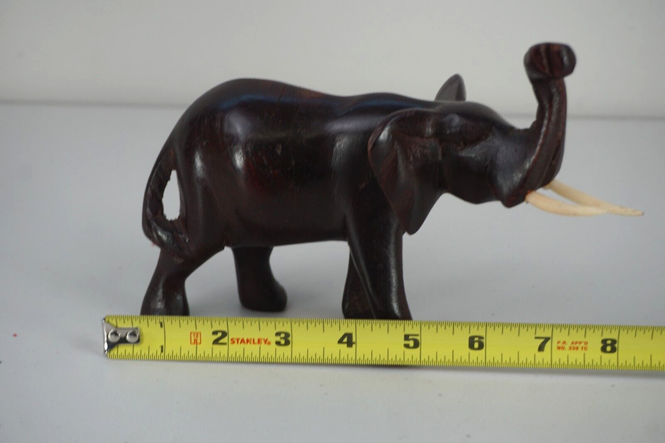 Vintage Hand Carved Dark Wooden Elephant 6" Statue Figurine Tusks ...