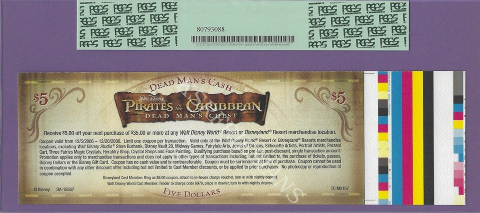 2006 $5 DEAD MAN'S CASH Pirate Disney Dollar PCGS 66PPQ GEM w/Selvage ...