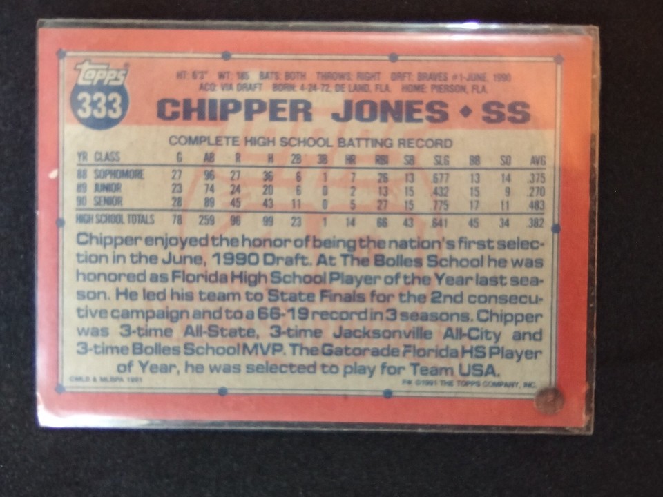 Chipper Jones Rookie Card #1 Draft Pick! Excellent condition. 1991 ...