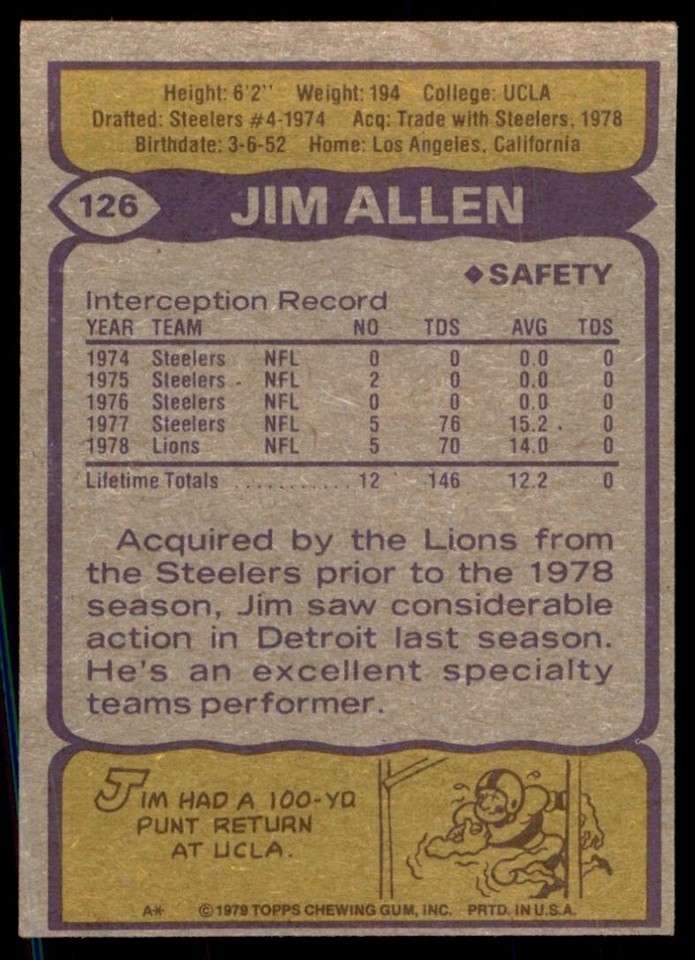 1979 TOPPS JIM ALLEN . DETROIT LIONS #126 | eBay