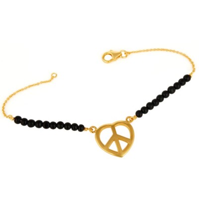 Natural Black Onyx Plain Ball Beads Chain Gold Plated Peace Sign Chain ...