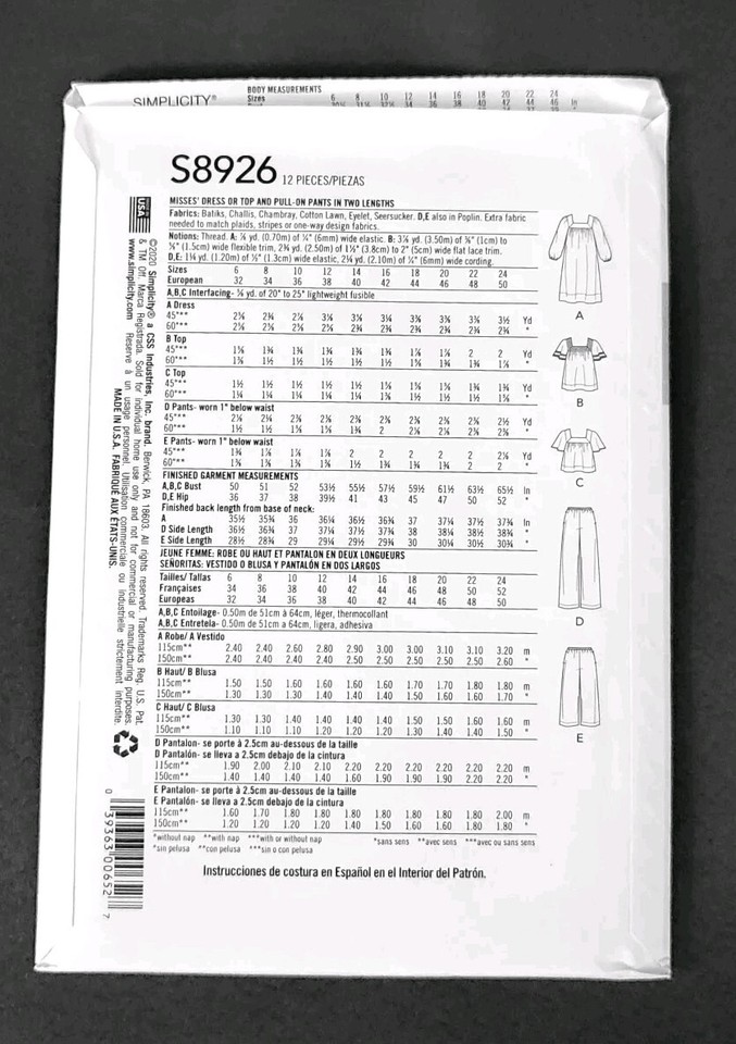Simplicity Sewing Pattern 8926 Dress Top Pants Misses Size 16 18 20 22 ...