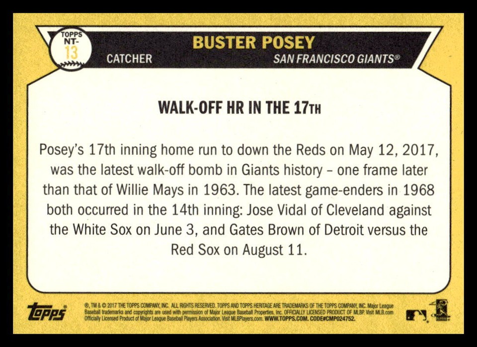 2017 Topps Heritage High Number Buster Posey Now and Then NT-13 Giants ...