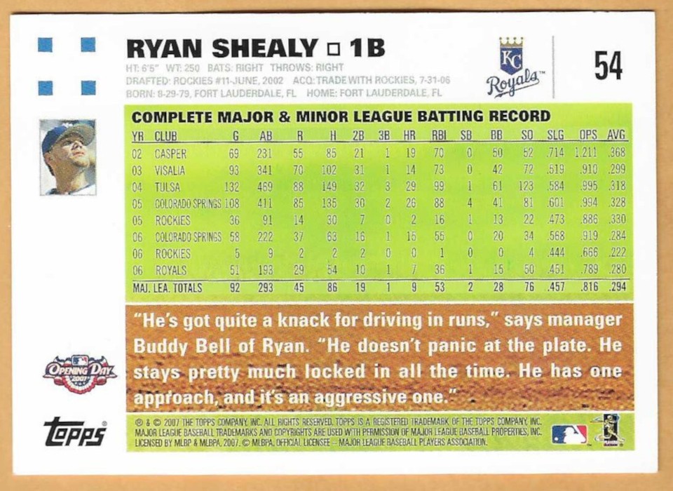 RYAN SHEALY KANSAS CITY ROYALS #54 - TOPPS OPENING DAY GOLD NM-MT 2007 ...