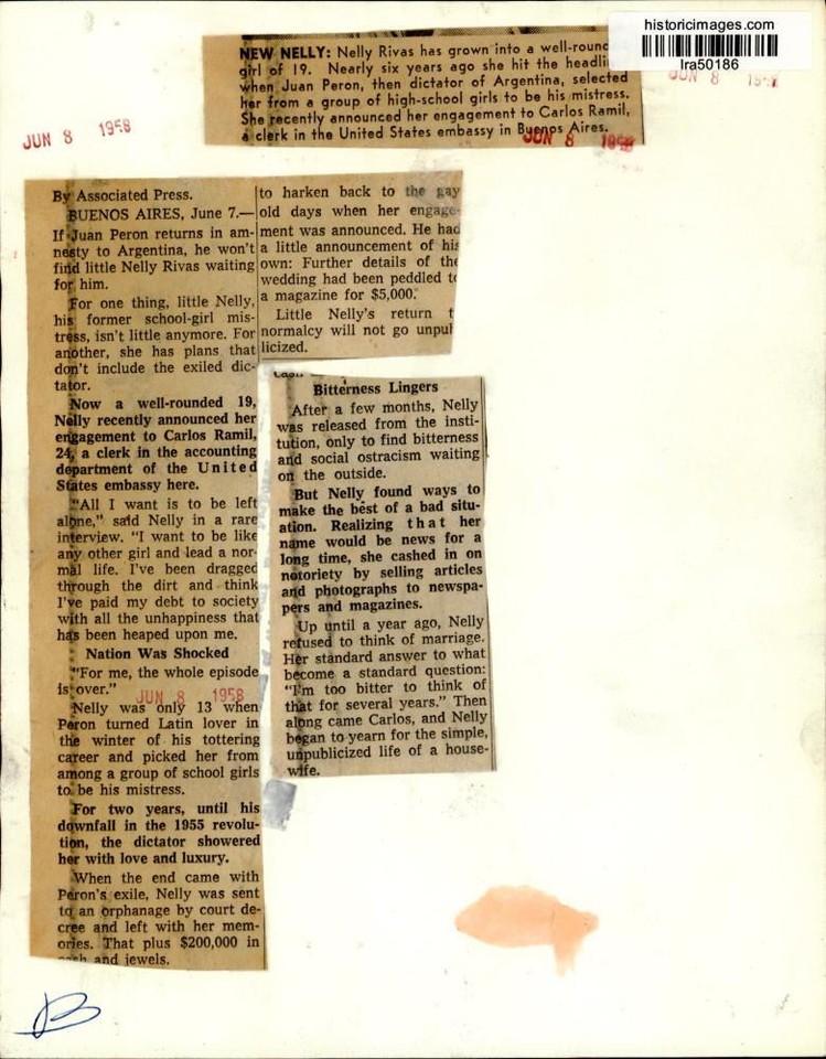 1958 Press Photo Nelly Rivas, Juan Peron's high school-age mistress ...