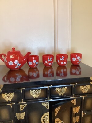 FSG stoneware tea set Red Pink Blue Flowers great for gift and comes ...