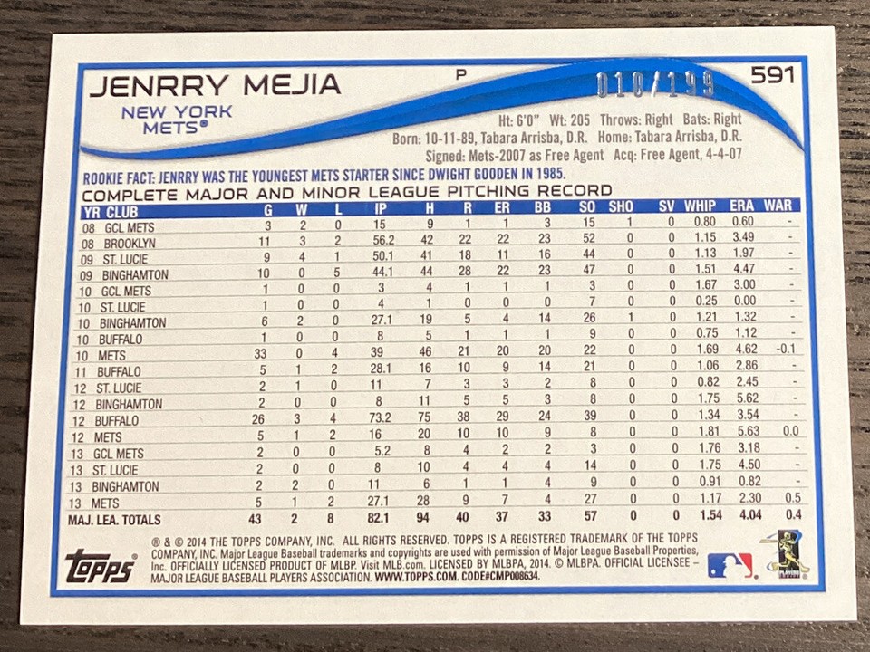 2014 Topps Factory Set Jenrry Mejia #591 Orange Parallel /2014 Mets ...