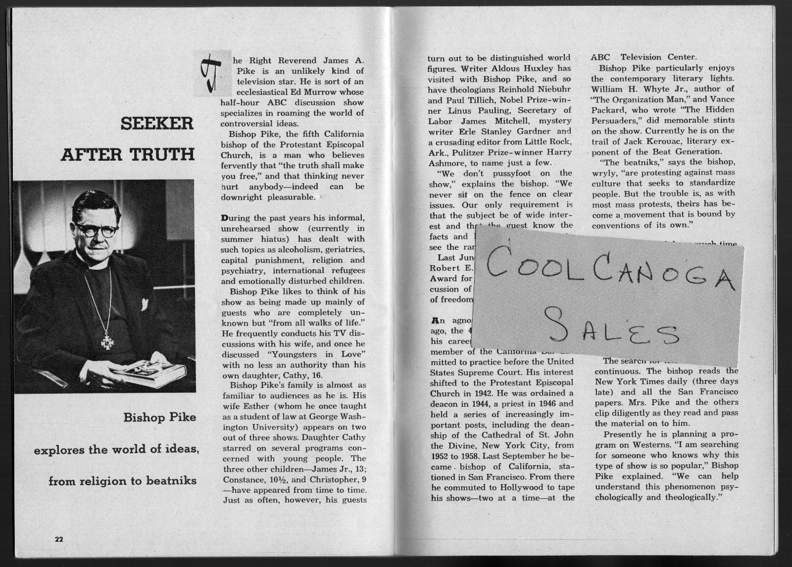 1959 TV ARTICLE~REVEREND JAMES A. PIKE CALIFORNIA BISHOP EPISCOPAL ...