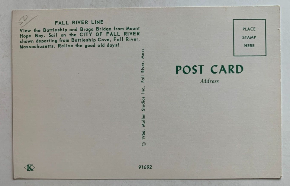 1966 MA Postcard Fall River MA Fall River Line Boat "City of Fall River ...