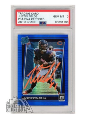 Justin Fields 2021 Panini Donruss Optic Blue Autograph Rookie Card 204 ...