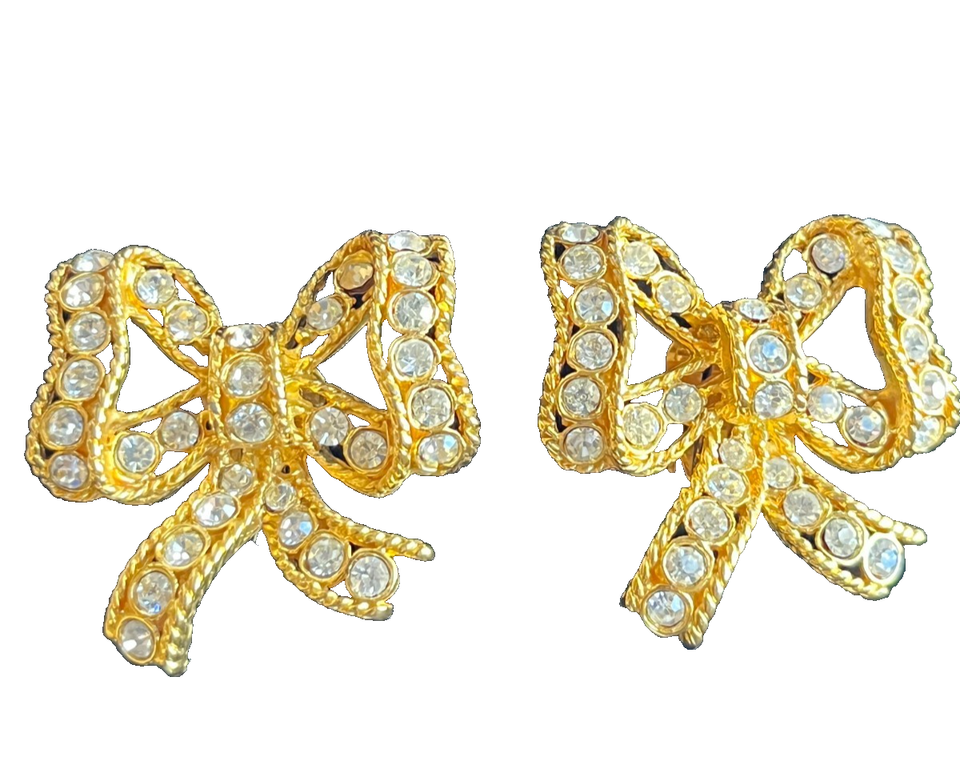 Vintage 1980s Bow Rhinestone Gold Tone Clip Earrings Bridal Statement ...
