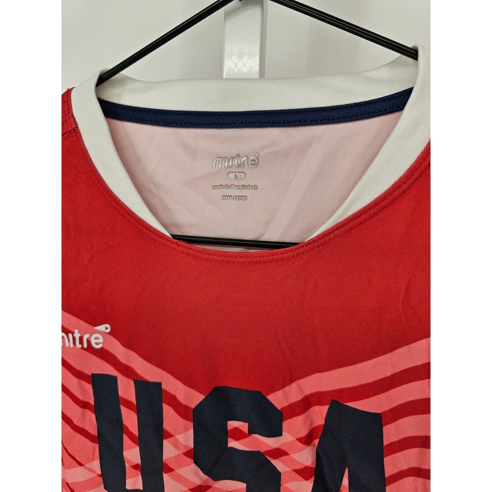 Mitre Team USA Mens Sz L Soccer Jersey Red White Blue Athletic Futbol ...