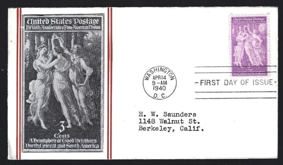 1940 PAN AMERICAN UNION THREE BEAUTIES STAMP FIDELITY CACHET STAMP #895 ...