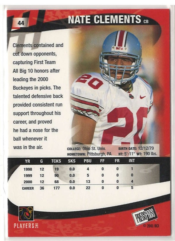2001 Press Pass Football #44 Nate Clements Buffalo Bills OSU Buckeyes ...