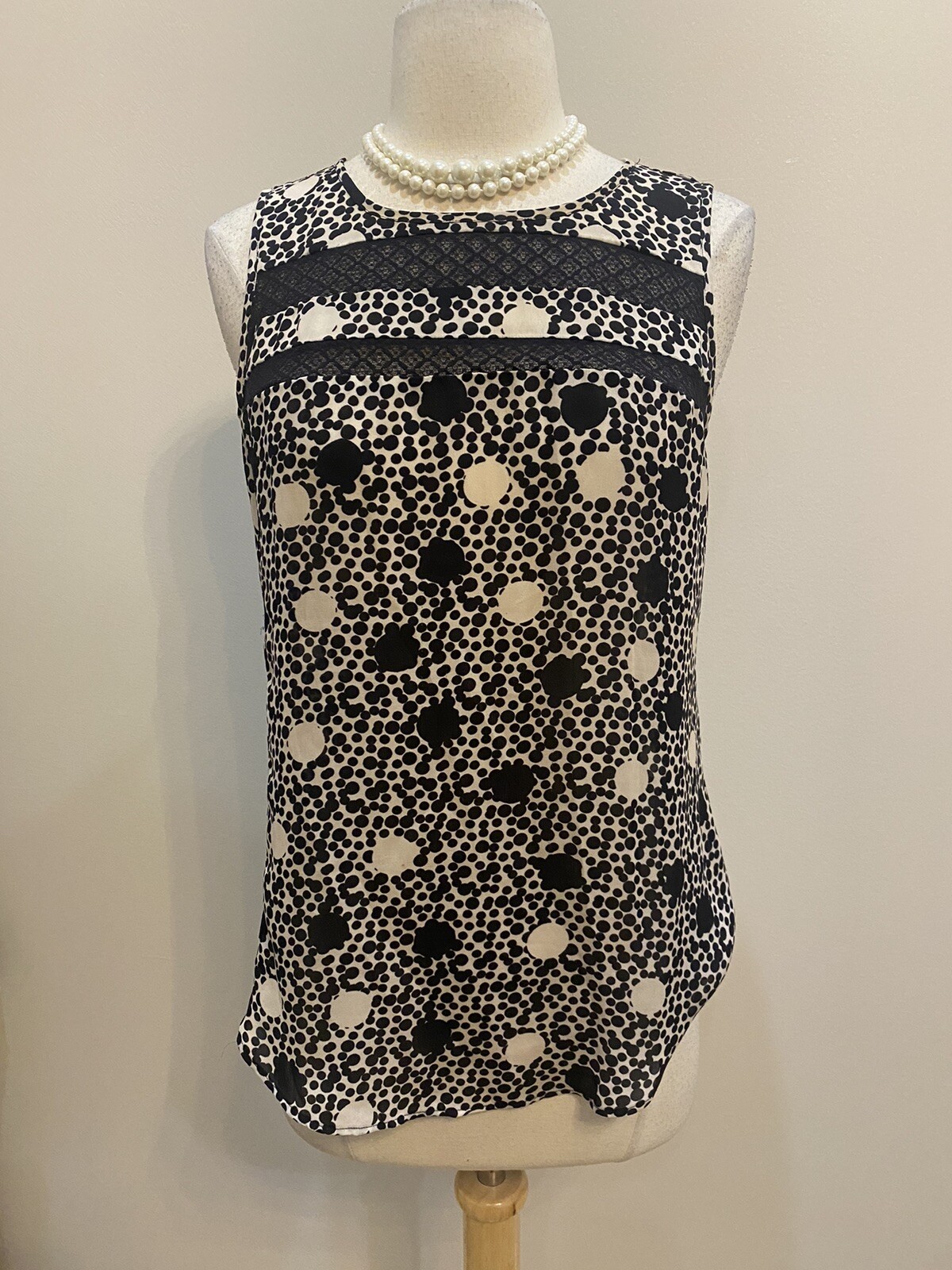 CAbi #3079 Womens Black Jot Polka Dot Lace Stripe Tank Top blouse Size ...