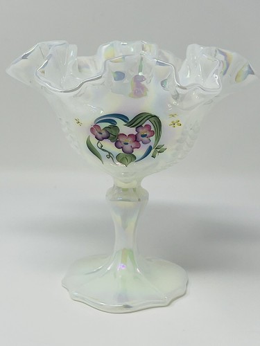 Fenton Compote Hand Painted Iridescent Opalescence Flowers Signed P ...