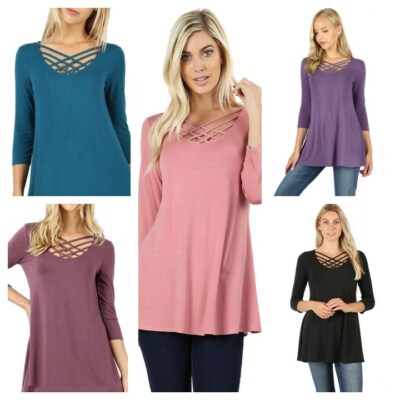 Plus Size Elbow Half Sleeve Triple Lattice Criss Cross Caged Blouse Top ...