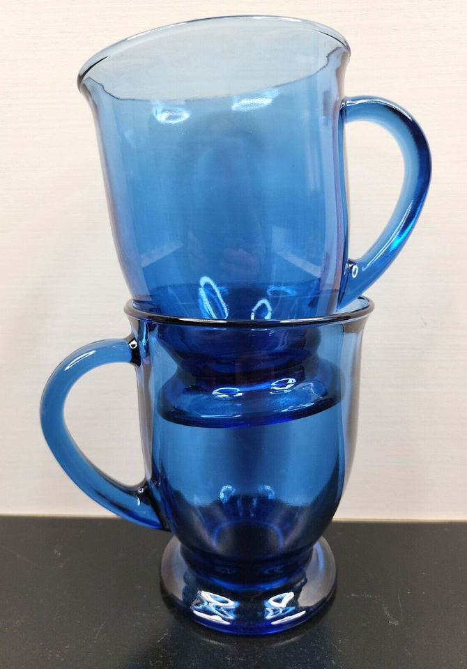 2 Anchor Hocking Cafe Denim Blue Mugs Set Pedestal Handle Coffee Cups ...