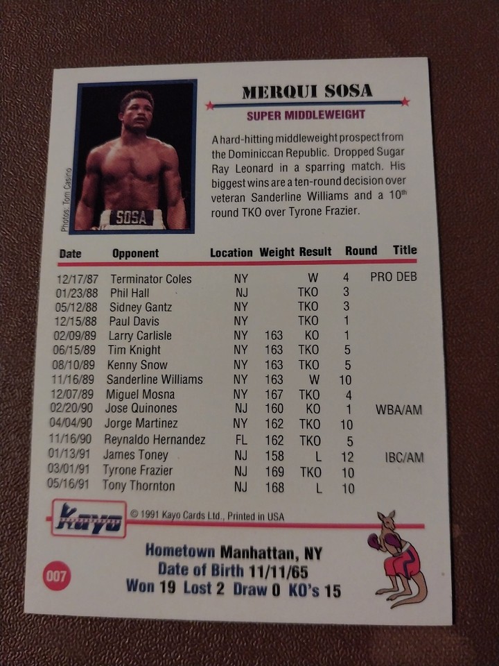 1991 MERQUI SOSA KAYO BOXING CARD #7 | eBay