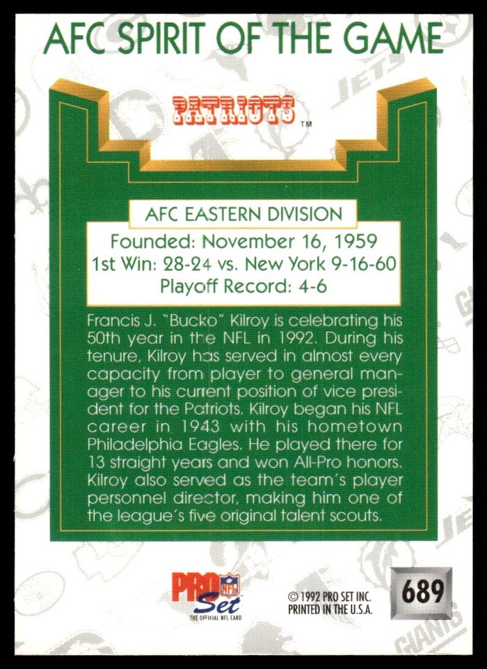 1992 Pro Set New England Patriots New England Patriots #689 | eBay