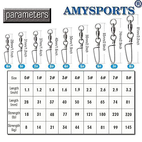 AMYSPORTS High Strength Fishing Snap Swivels Ball Size 1+1 (31lb) 50 ...