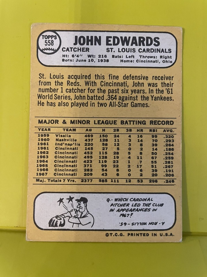 JOHN EDWARDS 1968 VINTAGE Topps #558 Catcher St. Louis Cardinals | eBay