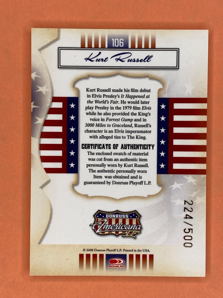 2008 Americana COLOR RELIC Kurt Russell, Actor #224/500 -d52 | eBay