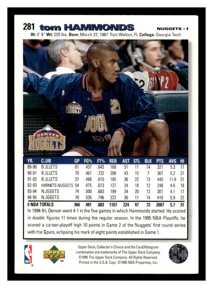 1995 Collector's Choice #281 Tom Hammonds - Denver Nuggets | eBay