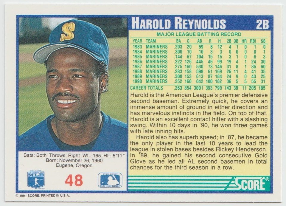 1991 Score Baseball #48 Harold Reynolds - Seattle Mariners | eBay