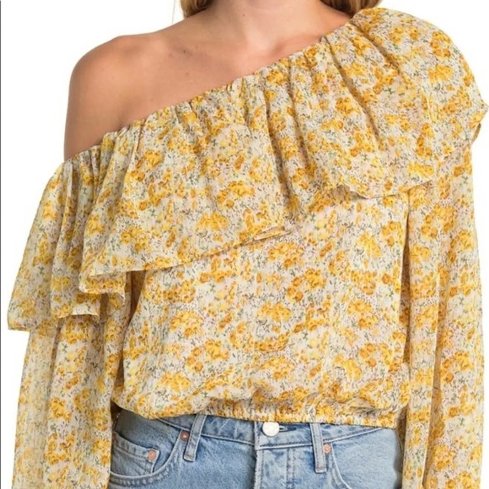 ASTR the Label One Shoulder Ruffle Blouse Women Medium Yellow Floral ...